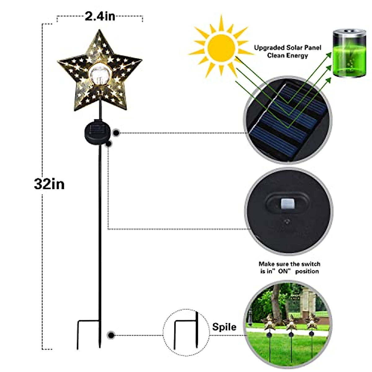 Solar Lights Garden Outdoor Large Star Solar Light Crackle Glass Globe Metal Decoration Solar Stakes Lights IP65 Waterproof Led Llight for Pathway, Yard, Patio, Lawn, Driveway, Landscape (1 Pack)
