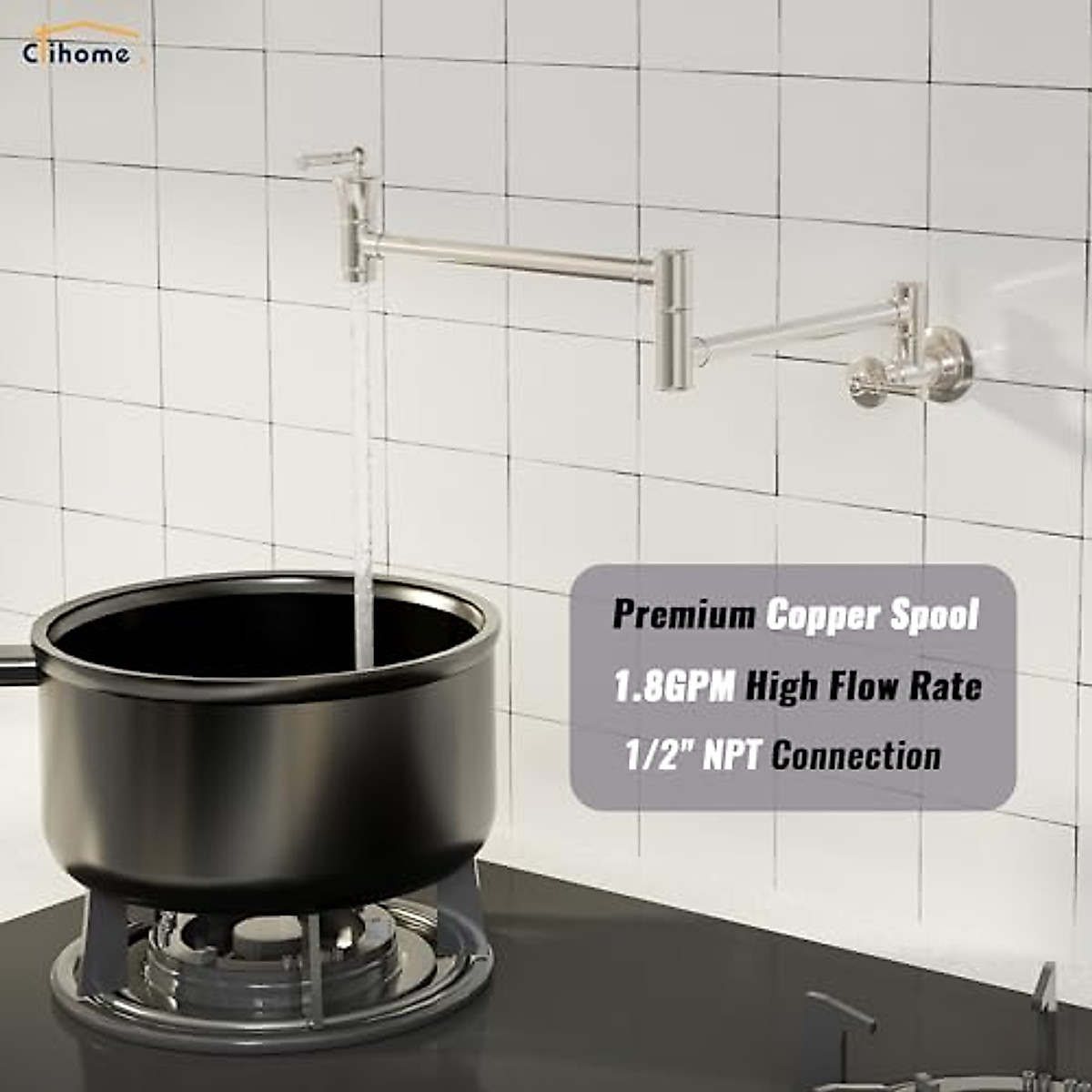 Double Handles Folding Pot Filler Kitchen Faucet with 360 Degrees Swing Arm Single Hole Brass Wall Mount Pot Filler Facuet Dual Joints Brushed Nickel