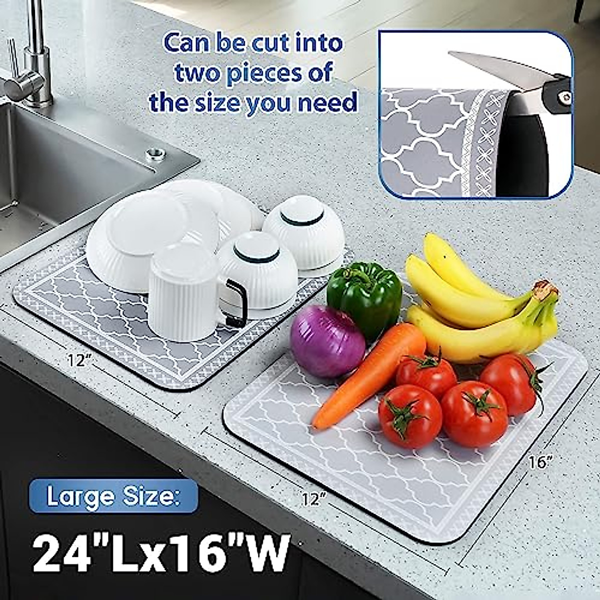 Dish Drying Mat - 24"x16" Large Dish Drying Mat for Kitchen Counter Cabinets Shelf Waterproof Protector Mats, Ultra Absorbent, Quick Dry, Hide Stain, with Non-slip Rubber Backed - Dish Rack Mat