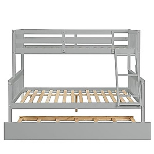 Zaboro Twin Over Full Bunk Bed with Trundle, Convertible into 2 Beds, Pine Wood 3 in 1 Bunk Bed Frame with Ladder and Safety Guardrails for Children, Teens, Adults, No Box Spring Needed, Gray