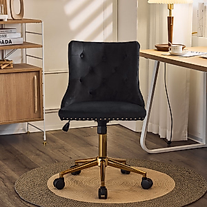 VINGLI Black Velvet Armless Home Office Desk Chair with Gold Base/Wheels, Small Cute Vanity/Makeup Chair with Back for Bedroom, Upholstered Adjustable Rolling Swivel Nail Chair for Women/Girls