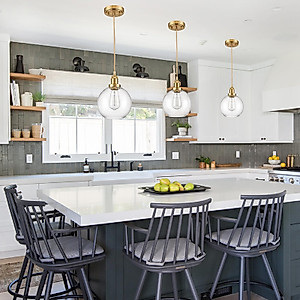 SHAWNKEY Modern Bushed Gold Pendant Light Fixture with Globe Clear Glass Shade Pendant Lighting for Kitchen Island Hanging Lighting