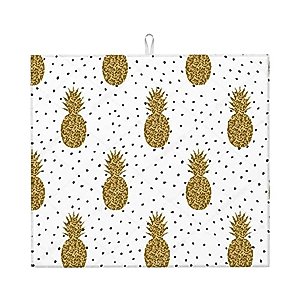 Gold Glitter Pineapples Fruit Printed Drying Mat For Kitchen Ultra Absorbent Microfiber Dishes Drainer Mats Non-Slip Silicone Quick Dry Pad - 18 X 16inch