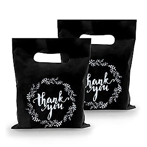 KDPATFAV 70 PCS 9" x 12" Plastic Merchandise Bags Shopping Bags with Thank You Logo Boutique Bags with Handles for Birthday Party Baby Shower Wedding Trade Shows and More (Black)