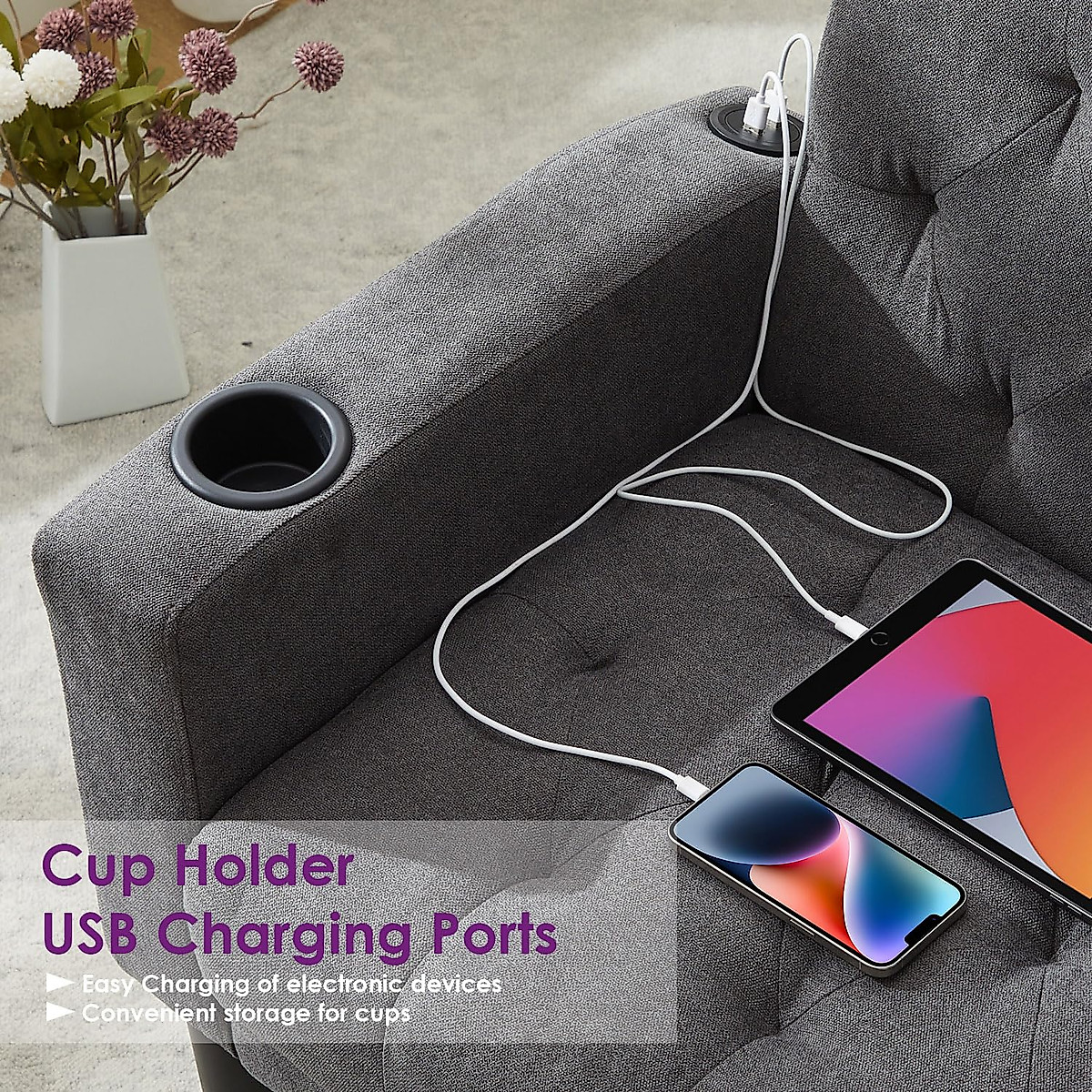 TYBOATLE 62" W Loveseat Sofa w/ 2 USB Charger Ports and 2 Cupholders, Mid-Century Modern Tufted Linen Fabric Small Love Seat Couches for Compact Living Room, Bedroom, Apartment, Dorm (1, Dark Grey)