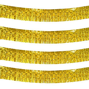 Blukey 10 Feet Long Roll Gold Foil Fringe Garland - Pack of 4 | Shiny Metallic Tassle Banner | Ideal for Parade Floats, Bridal Shower, Wedding, Birthday | Wall Hanging Fringe Garland Banner