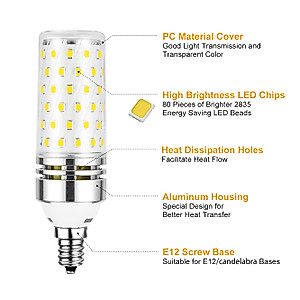 E12 LED bulb,16W candelabra LED light bulb,daylight white 6000K,100 Watt equivalent incandescent light bulbs,ceiling fan light bulbs,LED chandelier bulbs,1500lm LED bulbs,Non-dimmable E12 bulb,4 Pack