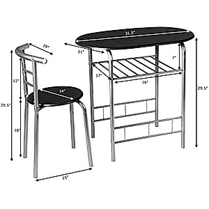 LUARANE 3 Piece Dining Set, Breakfast Table Set w/Metal Frame and Storage Shelf, Compact Table and 2 Chairs Set, for Home Bistro Pub Apartment Kitchen Dining Room Cafe (Black & Silver)