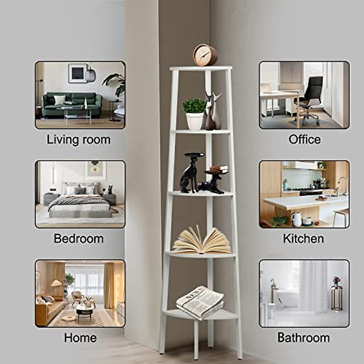 Corner Ladder Wood Shelf, 5-Tier Display Shelves, 62" Tall Rustic Corner Bookshelf, Industrial Corner Bookcase, Storage Rack, Plant Stand for Living Room, Small Space, Home Office, White