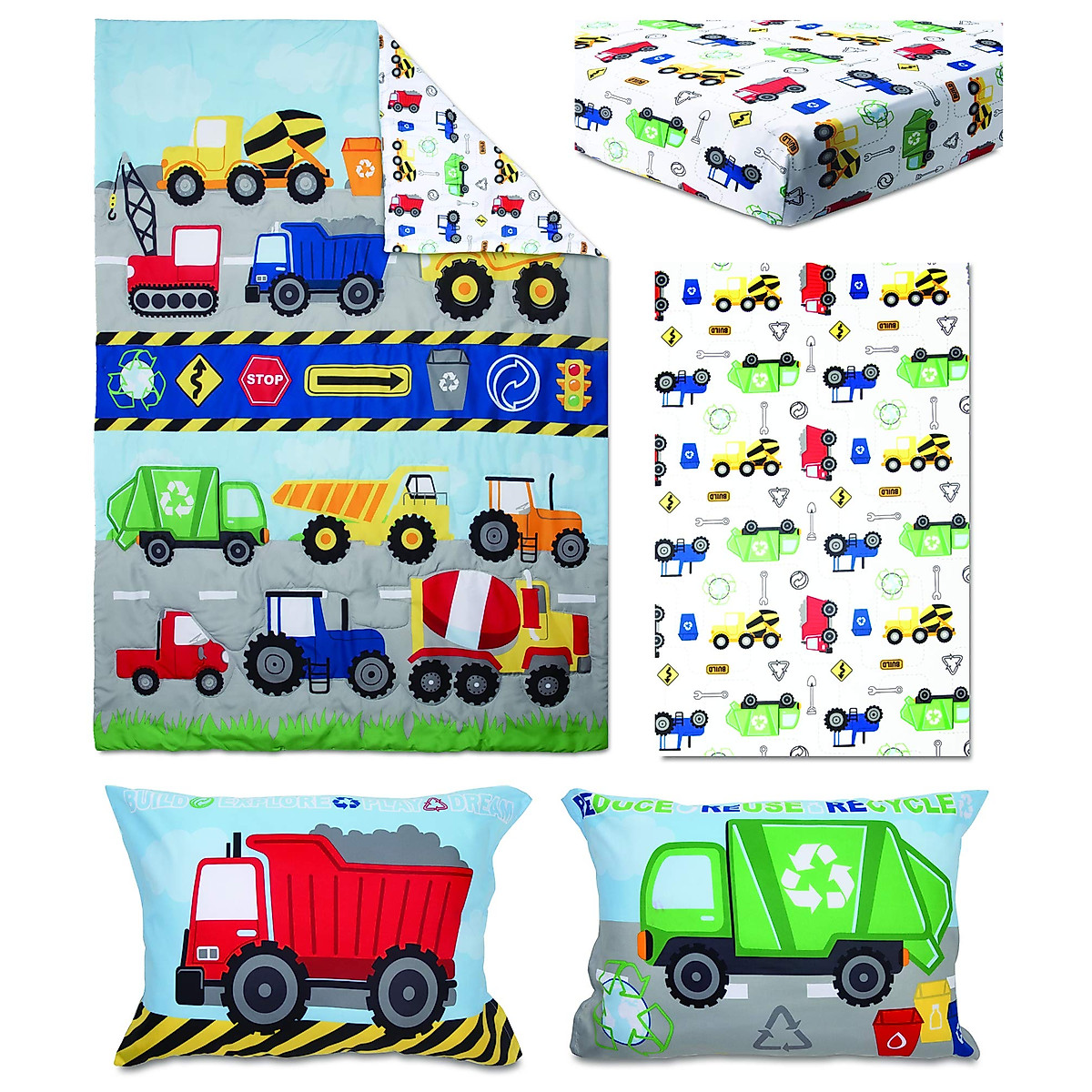 The Fun House Toddler 4pc Contruction Area Bed Set, Multicolor