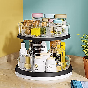 2-Tier Lazy Susan Turntable and Height Adjustable Cabinet Organizer with 1x Large Bin and 3 x Divided Bins, Removable, Clear Spice Rack Organizer for Cabinet, Pantry, Kitchen (2 Tier w/Bins)