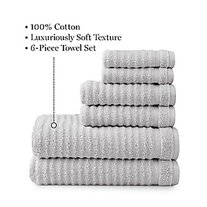 MARTHA STEWART 100% Cotton Bath Towels Set Of 6 Piece, 2 Bath Towels, 2 Hand Towels, 2 Washcloths, Quick Dry Towels, Soft & Absorbent, Bathroom Essentials, Towel Sets For College Dorm, Textured Gray