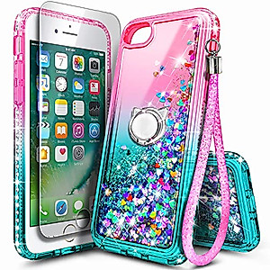 NGB Compatible for iPhone 8 Plus Case, iPhone 7 Plus /6 Plus /6S Plus with Tempered Glass Screen Protector, Ring Holder, Girls Women Kids Liquid Bling Sparkle Glitter Cute Case (Pink/Aqua)