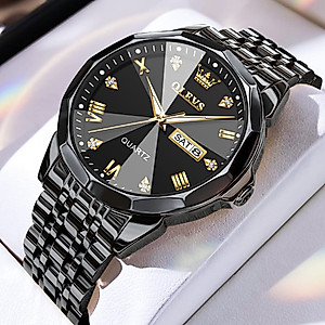 OLEVS Watch for Men Diamond Business Dress Analog Quartz Stainless Steel Waterproof Luminous Date Two Tone Luxury Casual Wrist Watch Black