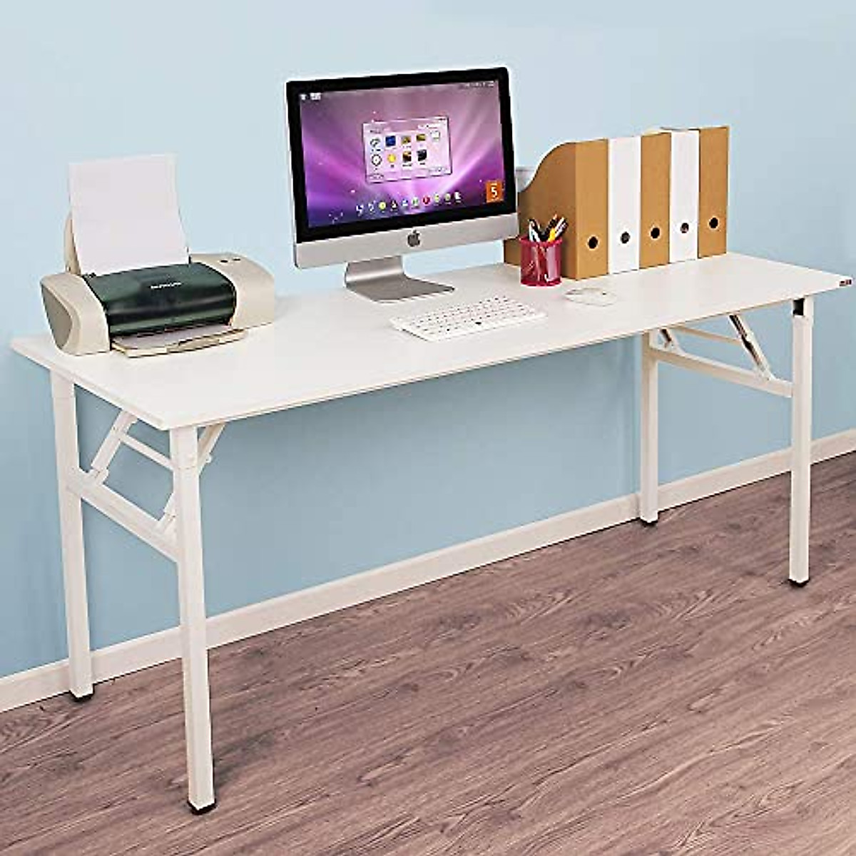 DlandHome 62 Inches Large Home Office Computer Desk, No Install Needed, Composite Wood Board, Folding Dining Table/Workstation, 62 Inches White and White Legs, 1 Pack