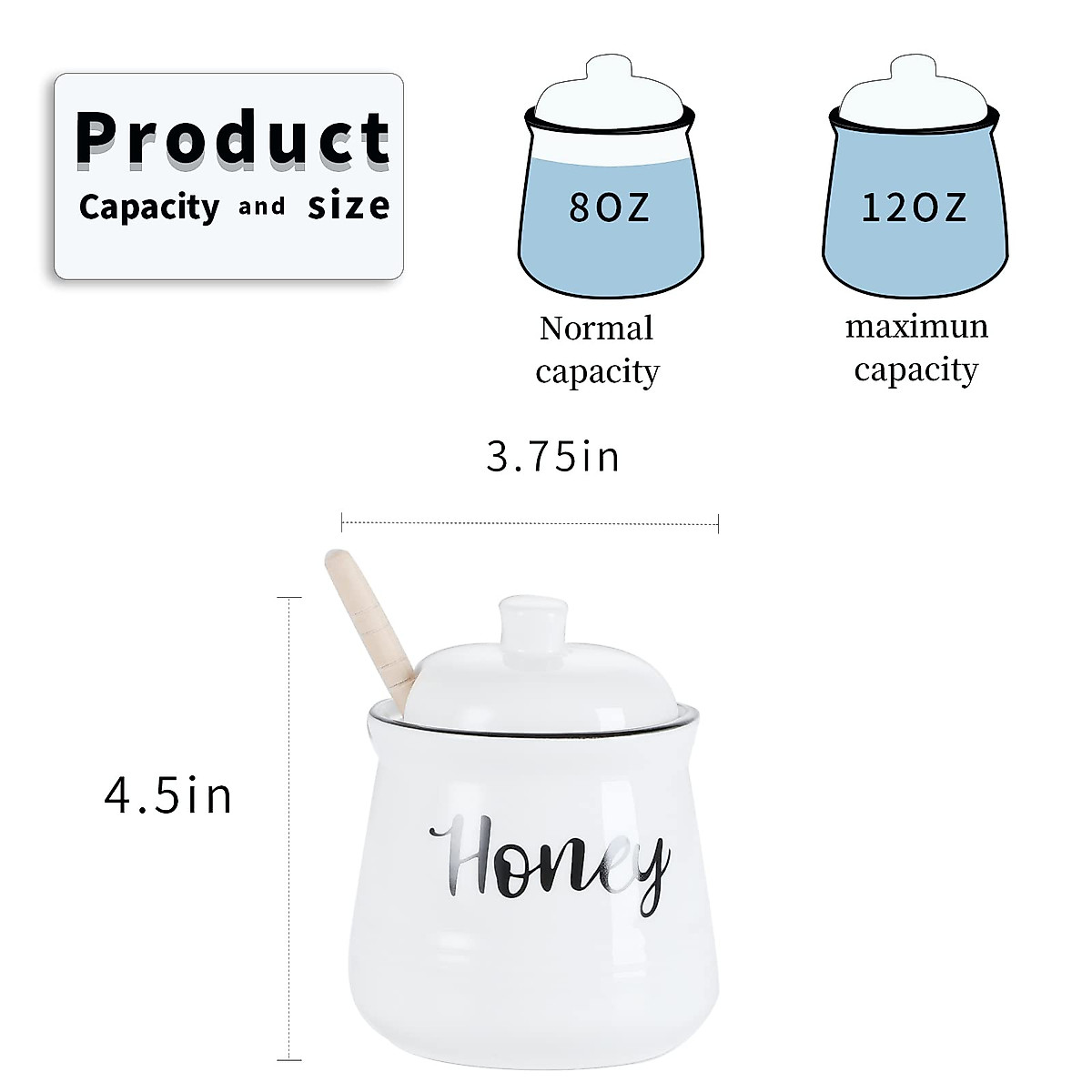 HAOTOP Farmhouse Porcelain Honey Jar with Dipper and Lid Set 12oz,Easy to Clean (White)