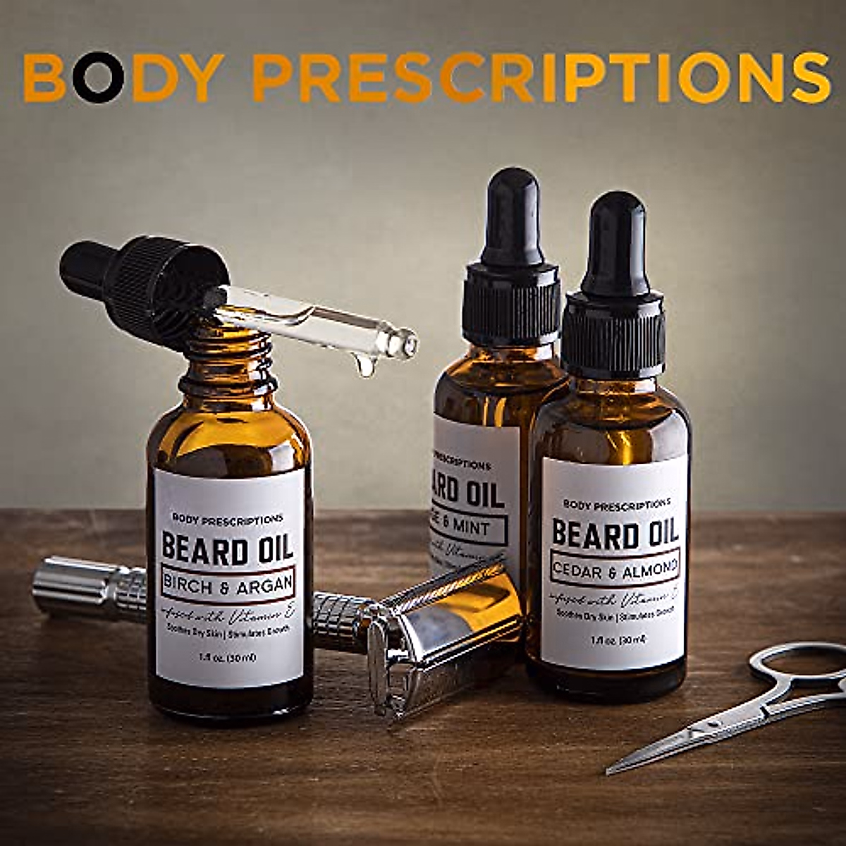 Body Prescriptions 3 Pack Revitalizing Beard Oil in Glass Bottles- Cedar & Almond, Sage & Mint, Birch & Argan Scented Beard Care, 1 fl oz/ (30 ml)