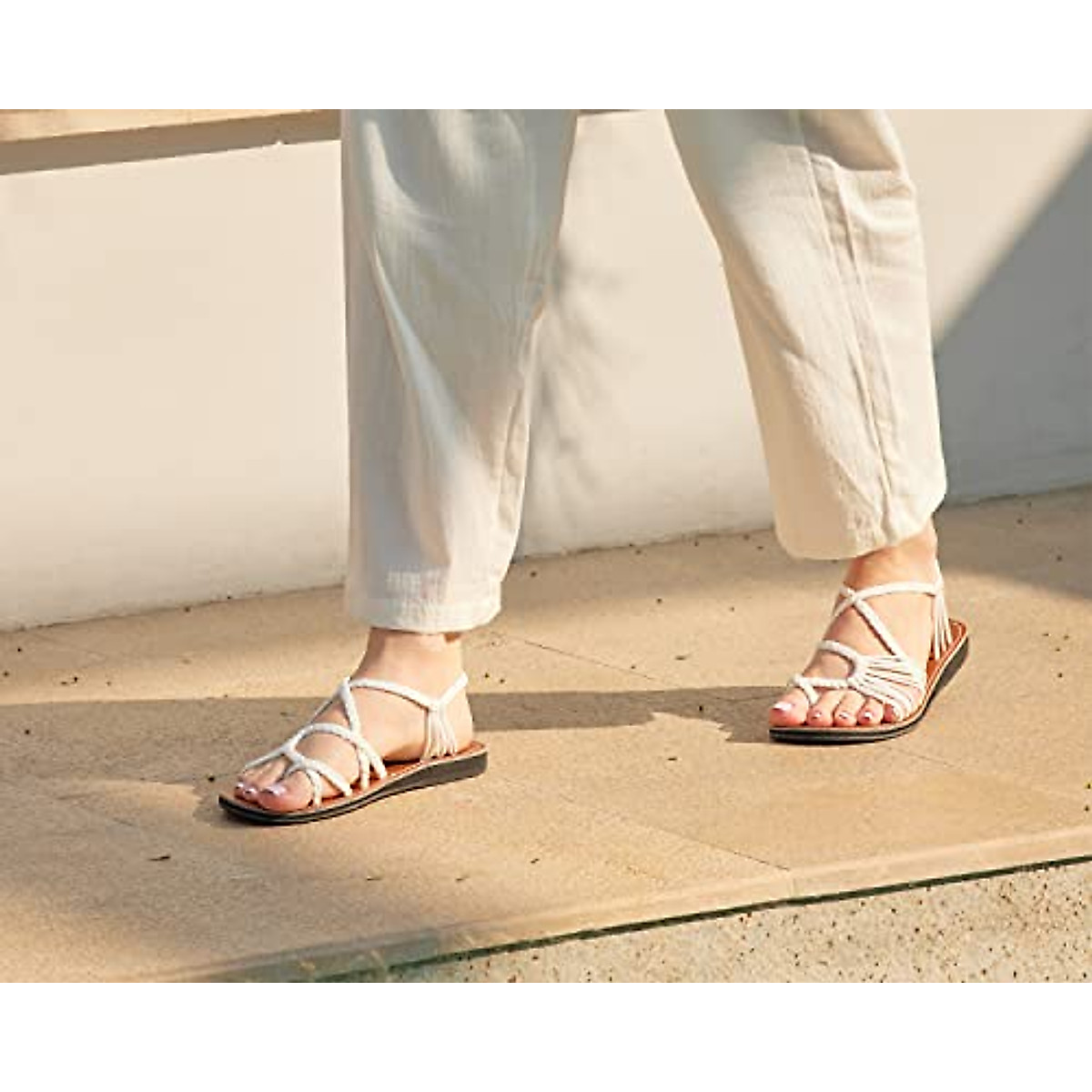 Capana Sandals (10) Woven Women's Flat Sandals - Strappy Braided Sandals , Beach Sandals for Women Dressy Summer , Rope Bohemian Sandals, Spring Casual Womens Shoes , Comfy Boho Flats for Teen Girls – White (Banyan)