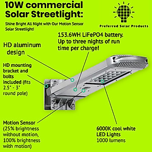 Commercial Heavy Duty LED Solar Street Light, Dusk to Dawn, 6000K, LED Motion Sensor Light for Yard, 10W