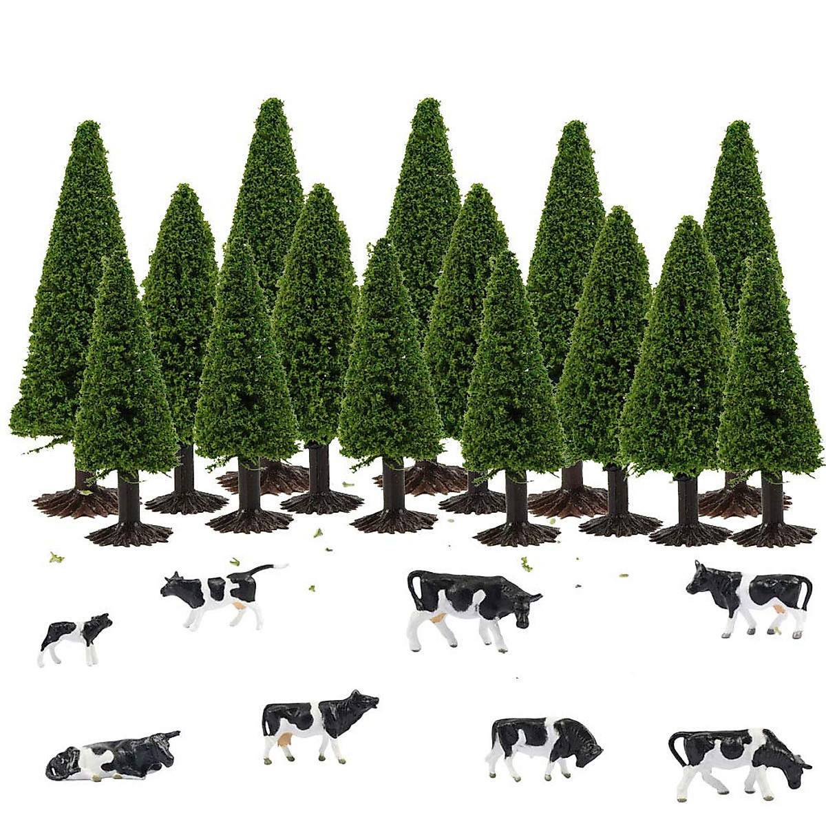 S0701 15pcs Dark Green Pine Model Cedar Trees and 8pcs Model Cows for Model Railroad Scenery Landscape Layout HO OO Scale New