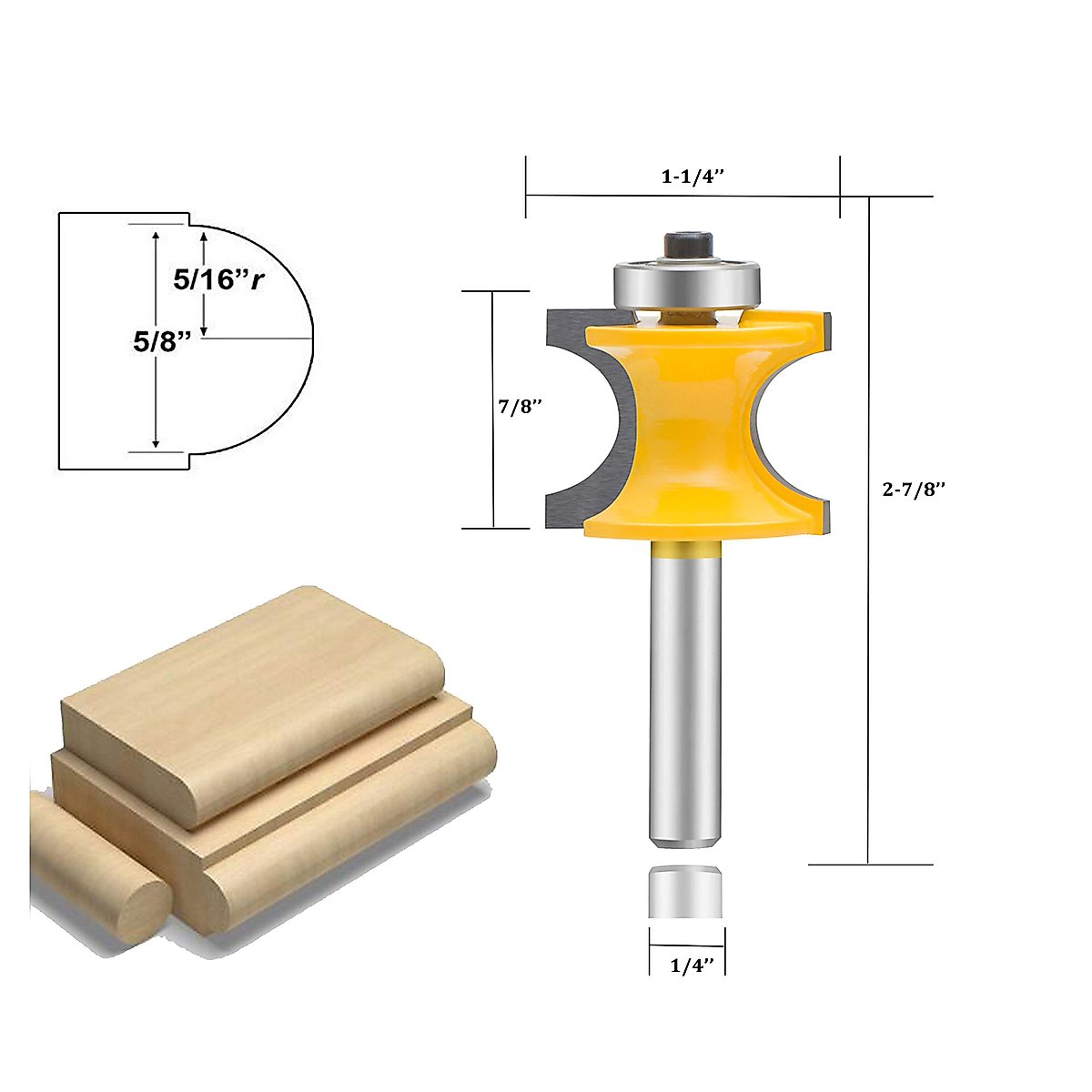 OLETBE Router Bits 1/4 Inch Shank Bullnose Bit 5PCS，Half Round Bearing Cabinet Shelf Door Edge Cutting Bits， Radius 1/8" 3/16" 1/4" 5/16" 3/8", Woodworking Milling Cutter CNC Tool(Panel)