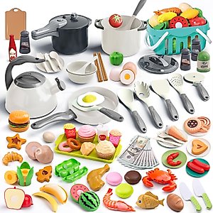 Funpynani 130Pcs Kitchen Playset, Toddler Pretend Cooking Play Pots, Pans, Utensils Cookware, Daily Food Fruit Veges, Shopping Storage Basket, Dessert, Prop Money, Learning Gift for Child （White）