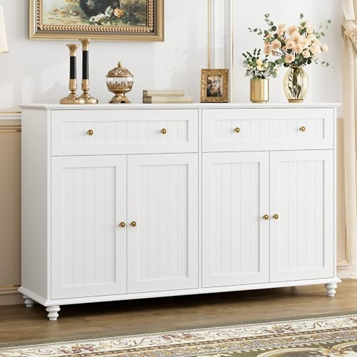 FINETONES Buffet Cabinet with Storage, 55.1” Large Sideboard Buffet Cabinet, White Kitchen Cabinet Display Cabinet with 2 Drawers and 4 Doors, Wood Coffee Bar Cabinet for Kitchen Dining Room