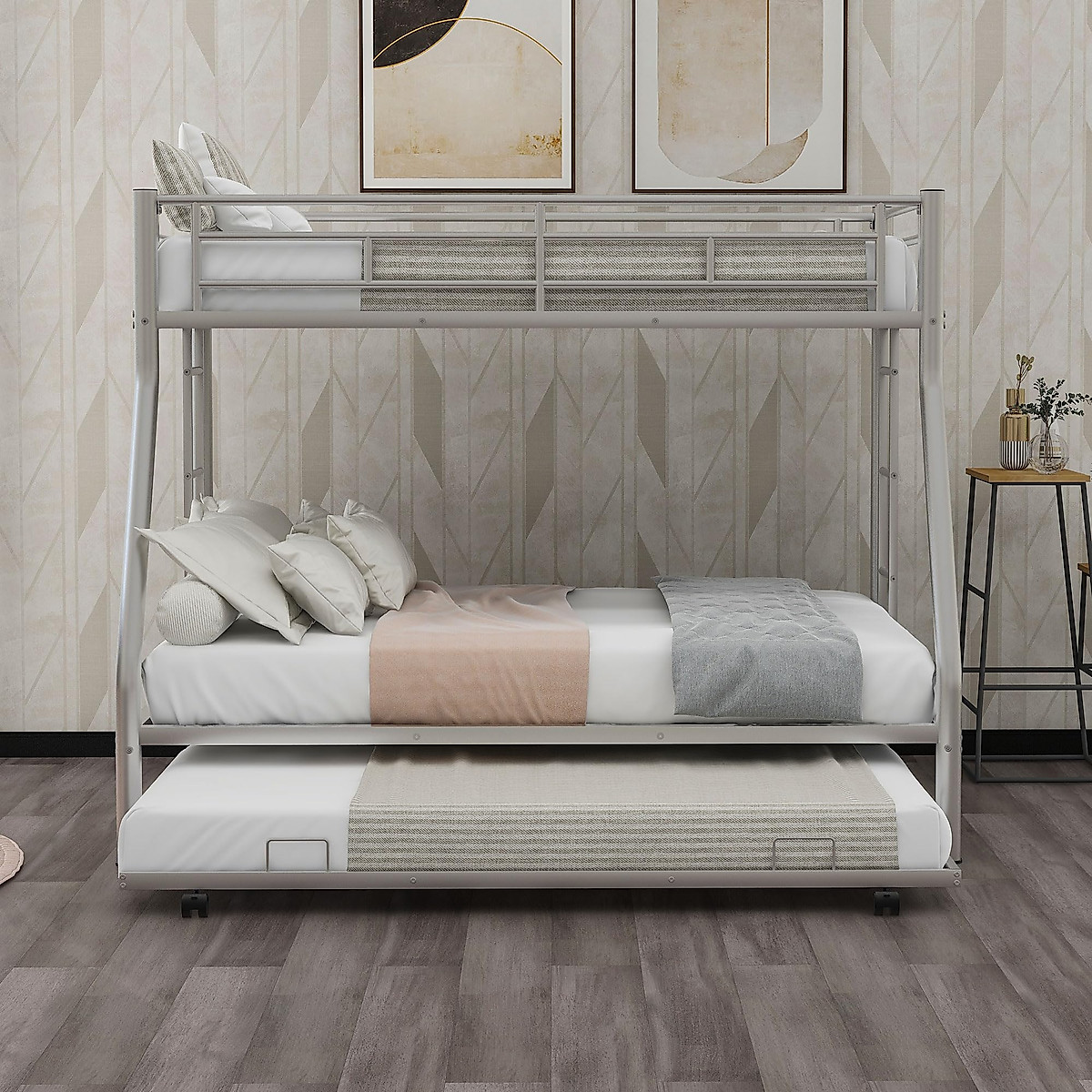 Merax Twin Over Full Bunk Bed with Trundle, 3 in 1 Triple Bunk Beds, Sturdy Steel Bunk Beds Frame for 3 Kids/Teens with Two Side Ladders and Safety Guard Rail,Silver Color