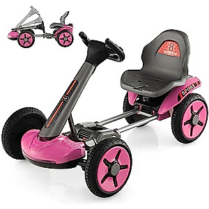 HONEY JOY 12V Go Kart for Kids, 4-Wheel Folding Pedal Go Kart, 2-Position Adjustable Steering Wheel & Seat, Lights, Cup Holder, Slow Start, Electric Go Cart Ride on Car, Gift for Boys Girls (Pink)