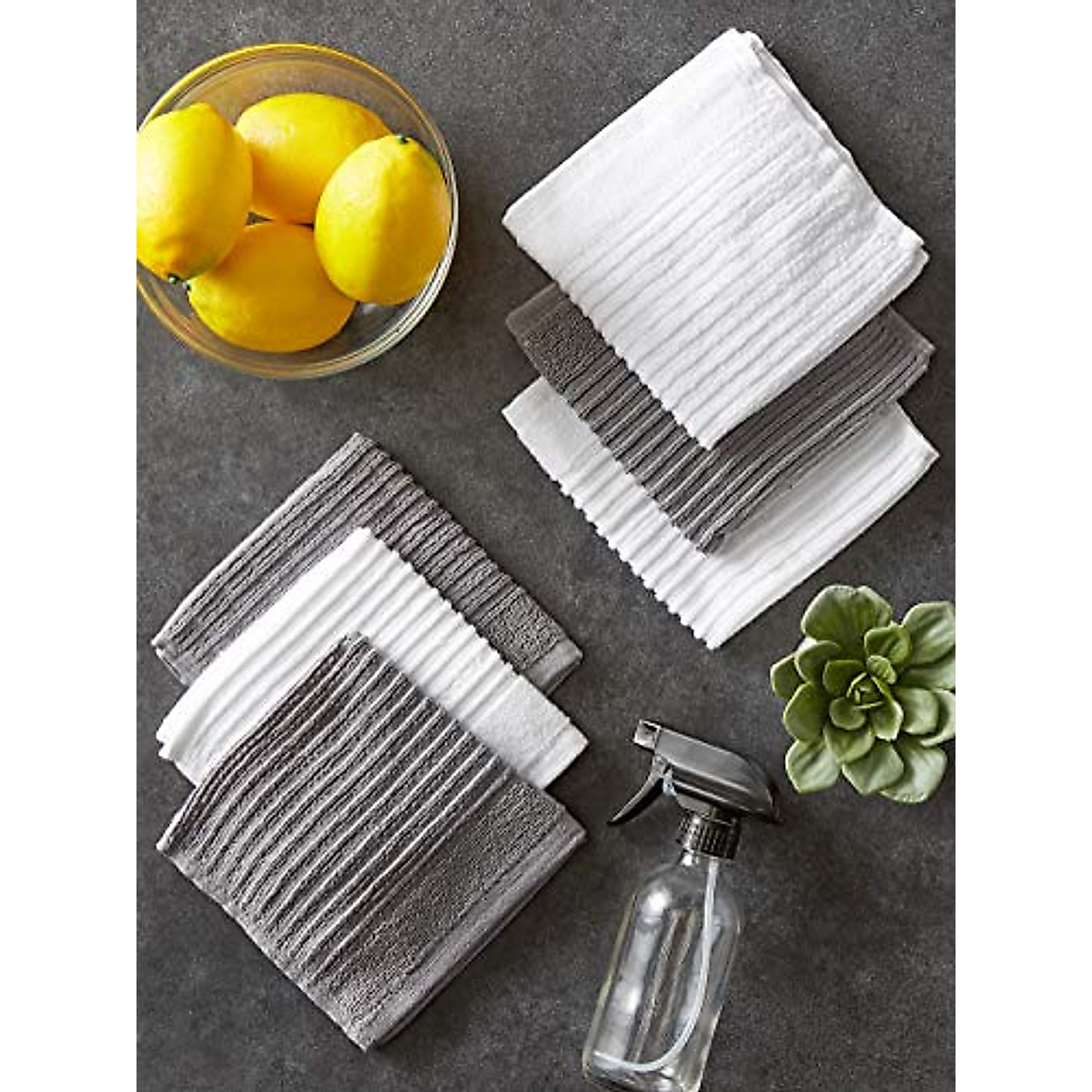 J&M Home Fashions, Cotton Ribbed Terry Dish Towels, Ultra Absorbent, Set of 6. 12x12, Gray/White