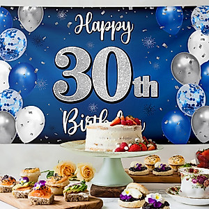 Nelbiirth Happy 30th Birthday Decorations,30th Blue & Silver Balloon Large Birthday Banner Backdrop Sign,Cheers to Thirty Years Old Bday Party Supplies.