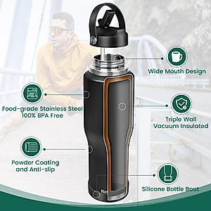 Rotayi 32 oz Water Bottle, Fits in Any Car Cup Holders - Stainless Steel Triple Wall Vacuum Insulated Water Bottles Flask with Straw & Spout Lid(Cold for 48 Hrs, Hot for 24 Hrs)