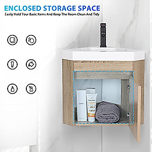 eclife 22" Corner Bathroom Vanity Sink Combo for Small Space Wall Mounted Floating Cabinet with White Resin Sink and Matte Black Faucet, Oak