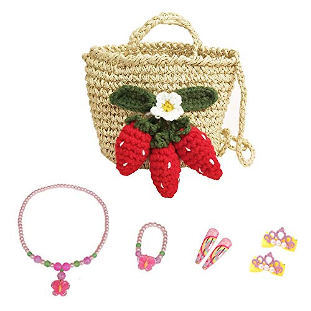 Rebecca Women Girl Straw Woven Shoulder Bag Beach Crochet Envelope Crossbody Bag Vacation Tassels Handbag (Strawberry beige)