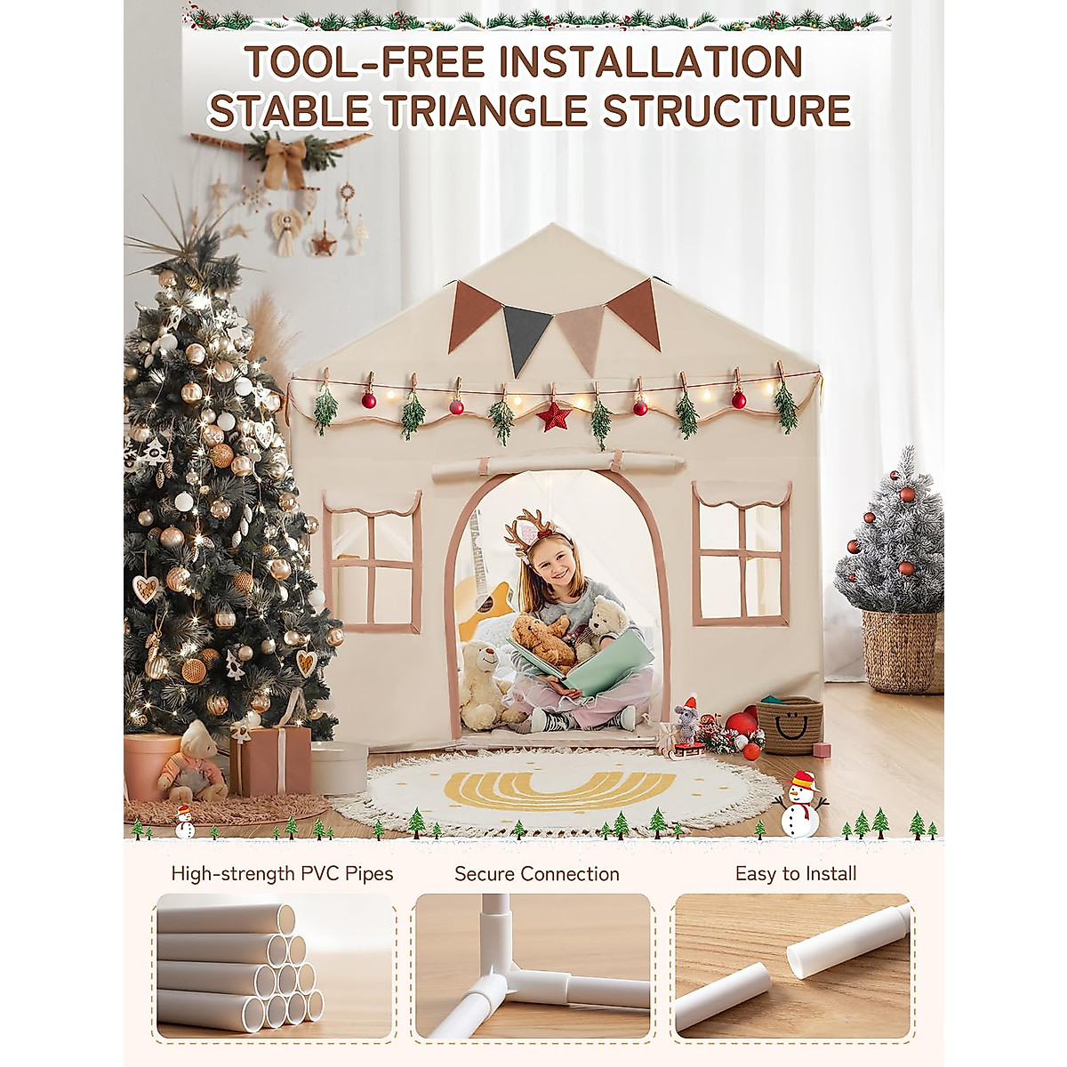 besrey Kids Tent, Kids Playhouse 2 in 1 with Padded Mat and Lights, Large Play Tent with 2 Doors & 4 Windows, Kids Play Tent Indoor & Outdoor, Christmas Toddler Tent for Kids, 51" x35" x 51"