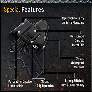 Houston Gun Holsters IWB Gun Holster with Mag Pouch by Houston - ECO Leather Concealed Carry Soft Material | FITS 1911 5inch & 4inch Barrel, Browning 9 mm (Right), Carbon Fiber