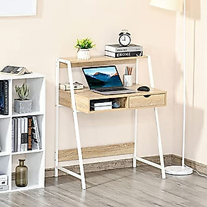 HOMCOM Home Office Desk, Computer Desk for Small Spaces, Writing Table with Drawer and Storage Shelves, Natural