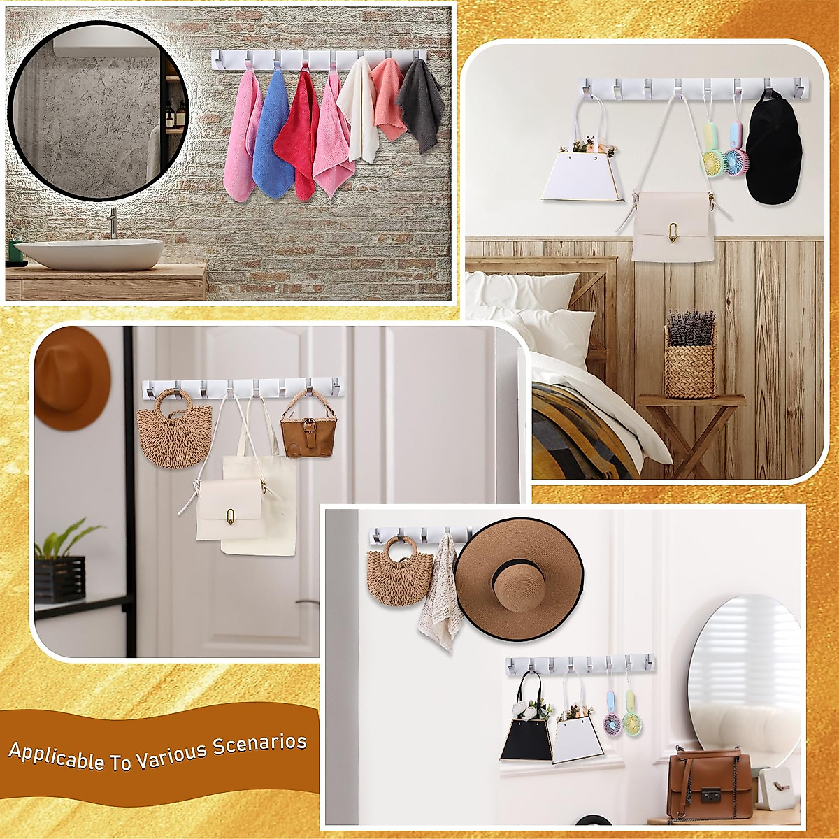 Wesiti 8 Hooks Wall Mounted Coat Rack, Floating Rack with Retractable Hooks, Door Wall Coat Rack Aluminum Space Saving Wall Hangers Hook Rail for Entryway Bathroom Hat Towel (White)