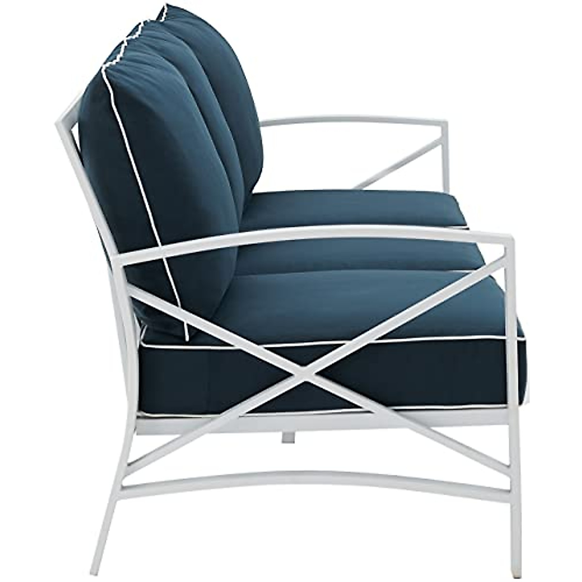 Crosley Furniture Kaplan Outdoor Sofa with Steel Frame, 3-Person Patio Couch for Porch, Deck, Backyard, White with Navy Cushions