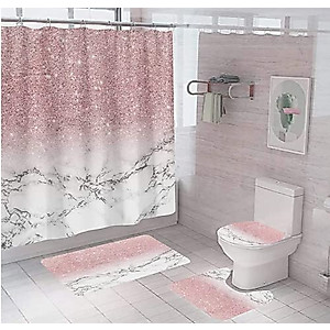 HEDYBARD 4 Pcs Pink Bathroom Shower Curtain Set with Waterproof Shower Curtain, Non-Slip Soft Flannel Rugs, Toilet Lid Cover, Bath Mat and 12 Hooks for Home Decorations, Pink, 72"x72"