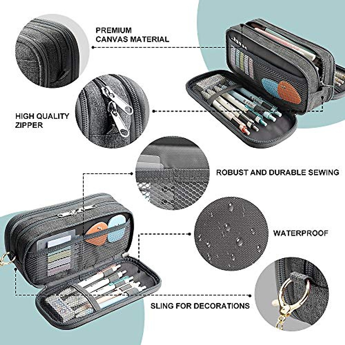 Vnieetsr Large Pencil Case Big Capacity Pencil Bag Large Storage Pouch 3 Compartments Desk Organizer Marker Pen Case Simple Stationery Bag Pencil Holder (Gray)