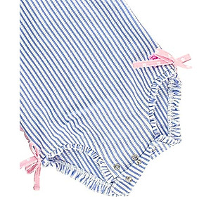 RuffleButts® Baby/Toddler Girls Long Sleeve One Piece Swimsuit - Blue Seersucker with UPF 50+ Sun Protection - 6-12m