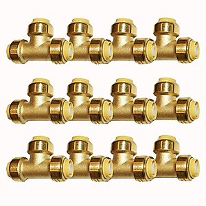 HQMPC 3/4" Pex Tee Push Fit Plumbing Fitting, Push-to-Connect, Brass, 12 Pack
