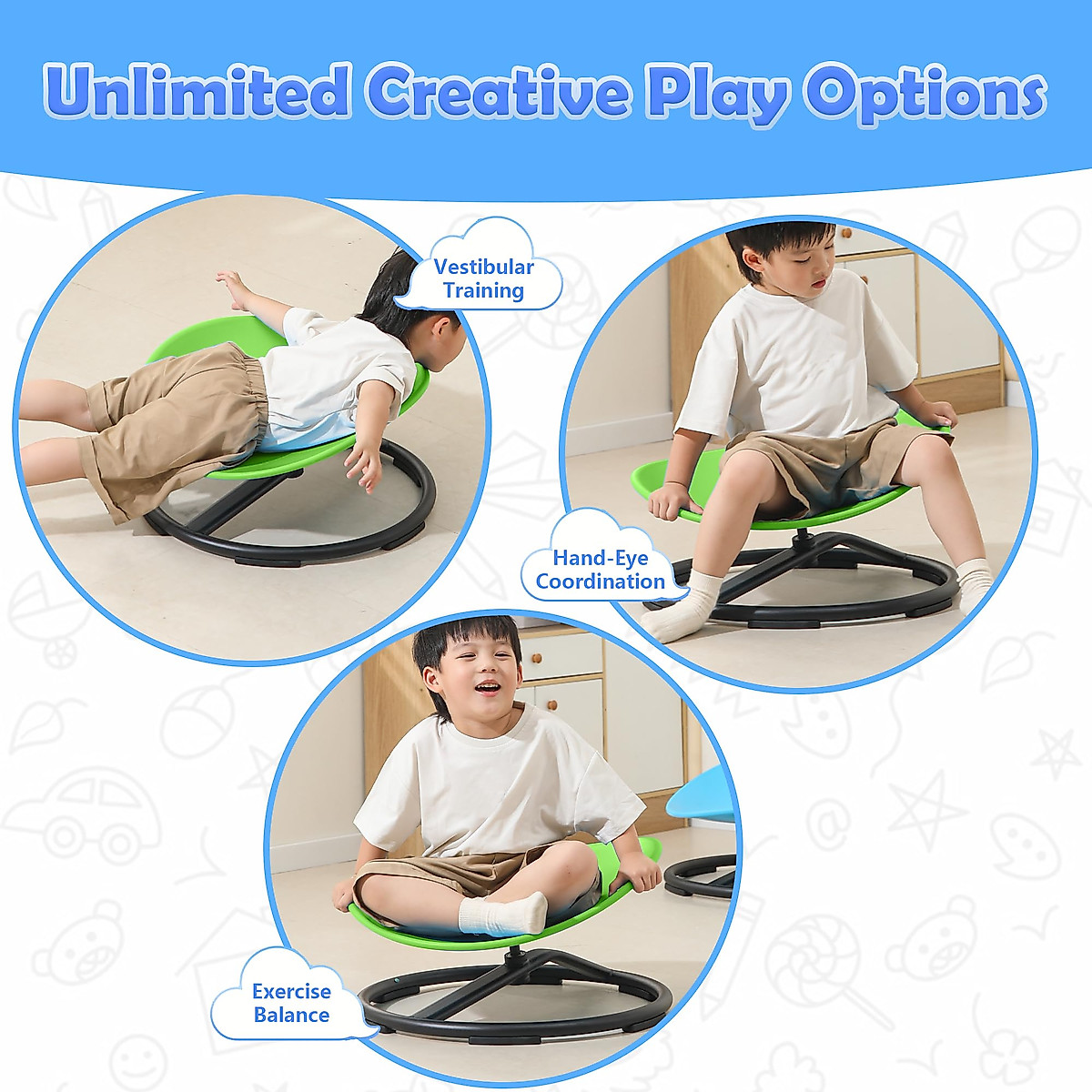 makarci Kids Sensory Swivel Chair - Spinning Chair for Autistic Kids, Toddlers & ADHD, Sit and Spin Toy for Autism Sensory Play, Body Coordination, and Relieving Motion Sickness (Green)