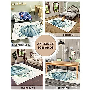 Rustic Blue Pumpkin Large Rectangular Area Rugs 5' x 8' Living Room, Durable Non Slip Rug Carpet Floor Mat for Bedroom Bedside Outdoor Thanksgiving Fall Green Eucalyptus Leaves