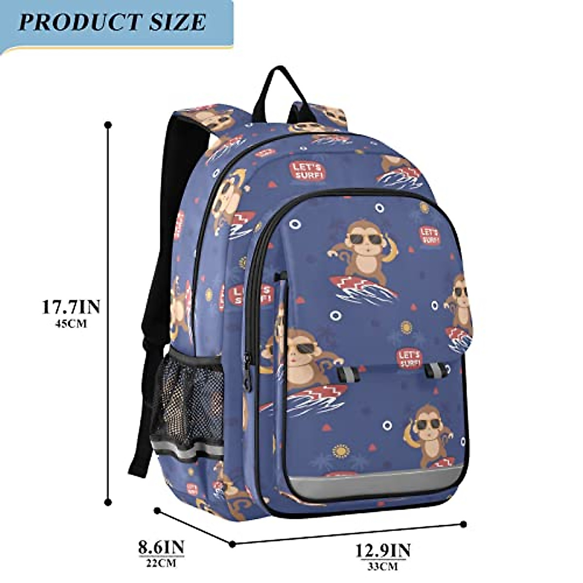 Vnurnrn Kids Backpack Surfing Monkey Print Big Storage Multi Pockets 17.7 IN School Backpack with Chest Buckle Reflective Strip for Boys Girls 6+ years in Primary Middle High School