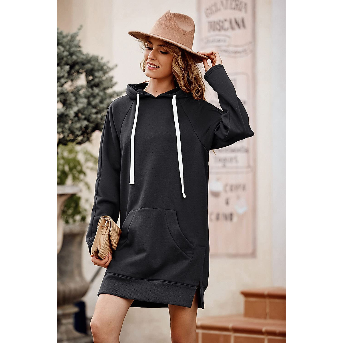PRETTYGARDEN Women's Casual Pullover Sweatshirt Long Sleeve Split Hem Hoodie Dress with Kangaroo Pocket (Dark Grey,Small)