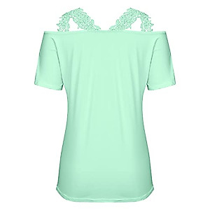 SMIDOW Lace Trim Cold Shoulder t Shirt for Women 2023 Summer Causal Solid Tops Sexy Elegant Blouses