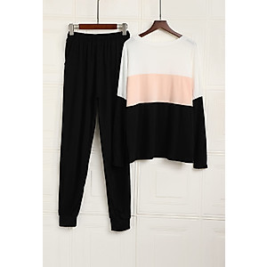 Fixmatti Women 2 Piece Outfit Long Sleeve Colorblock Shirt Pant Set Jogging Sweatsuit Black M