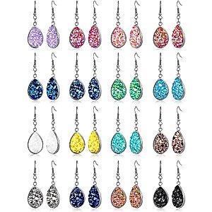 16 Pairs Faux Druzy Dangle Earrings Colorful Druzy Drop Earrings Resin Crystal Earrings for Women Girls (Waterdrop)